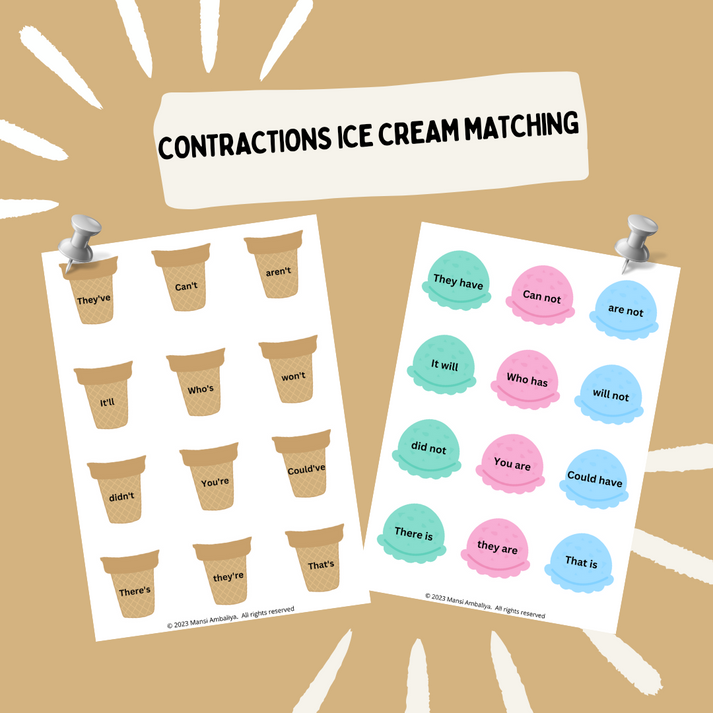 Contractions Ice Cream Matching Worksheet For Kids (Digital Download )