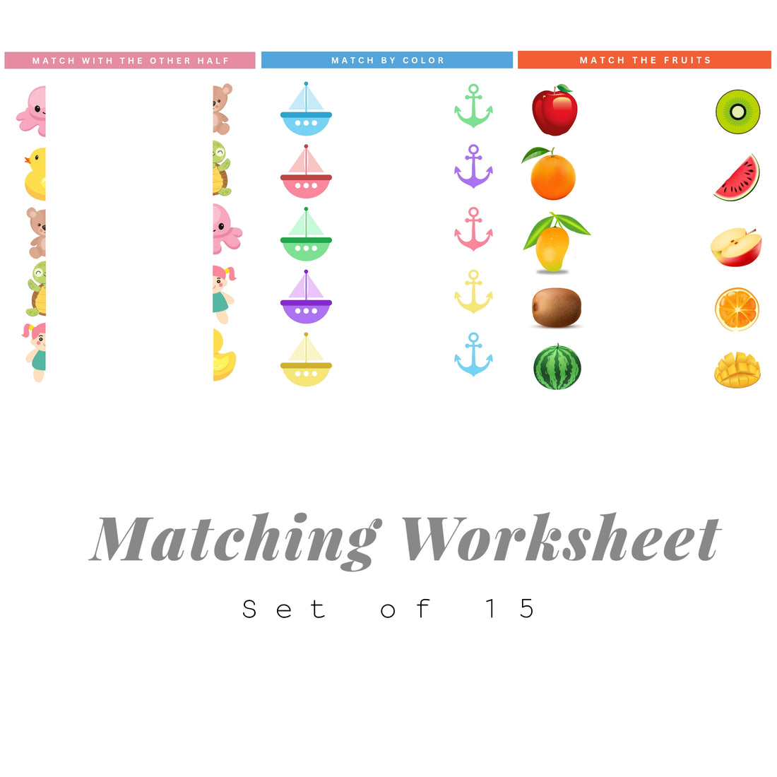 Set of 15 Matching Worksheets for Kids (Digital Download)